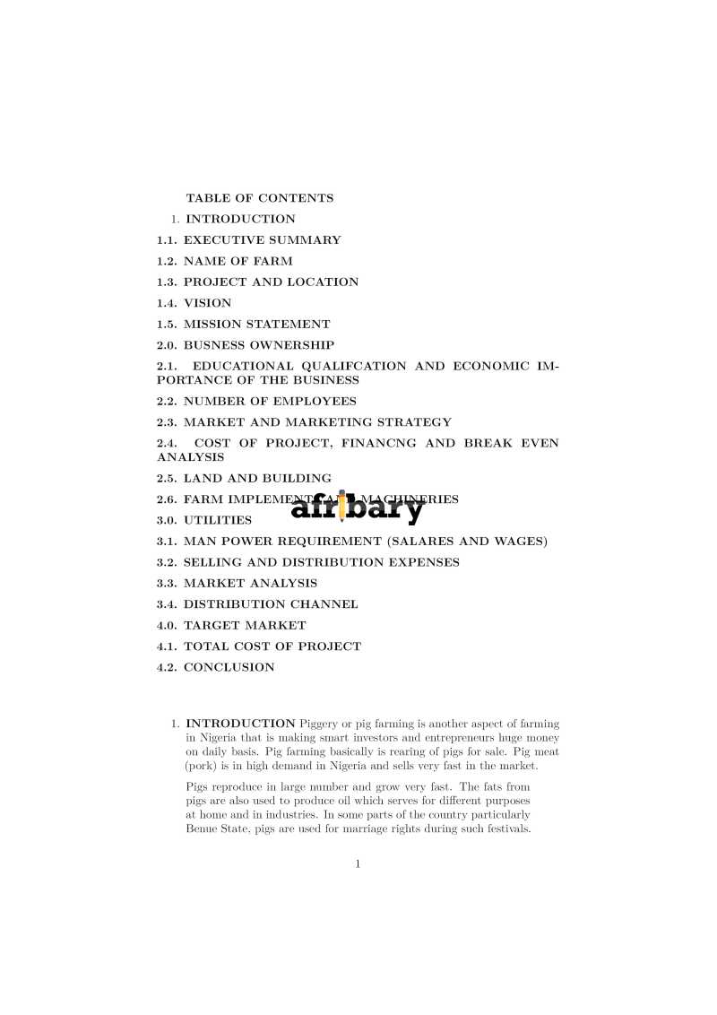 PROJECT PROPOSAL ON PIGGERY FARMING | Afribary