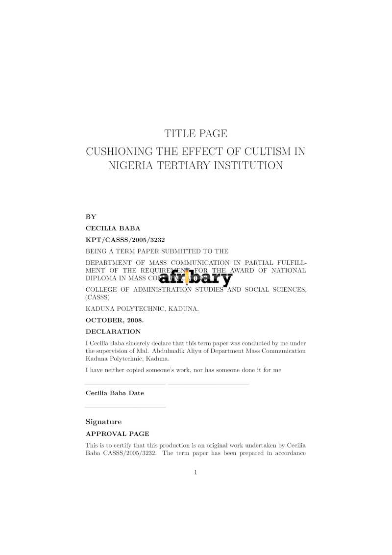 CUSHIONING THE EFFECT OF CULTISM IN NIGERIA TERTIARY INSTITUTION | Afribary