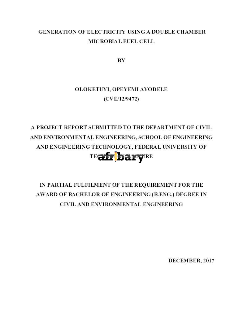 GENERATION OF ELECTRICITY USING A DOUBLE CHAMBER MICROBIAL FUEL CELL generation-of-electricity-using-a-double-chamber-microbial-fuel-cell