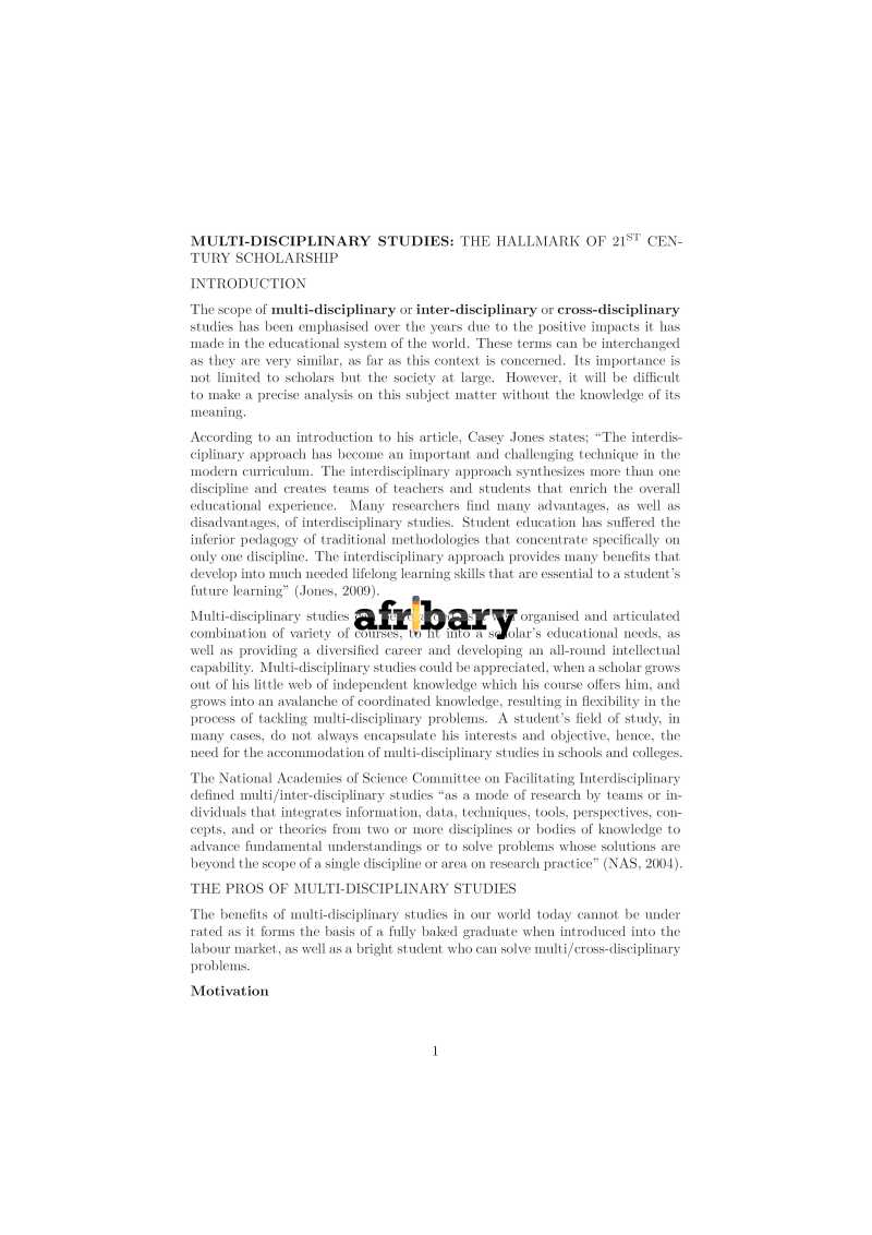 MULTI-DISCIPLINARY STUDIES: THE HALLMARK OF 21ST CENTURY SCHOLARSHIP ...