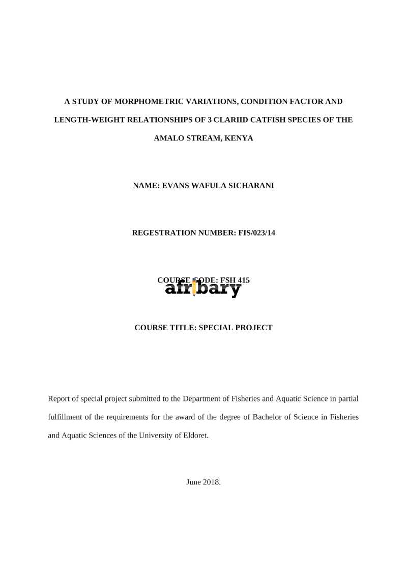 A STUDY OF MORPHOMETRIC VARIATIONS, CONDITION FACTOR AND LENGTH-WEIGHT ...