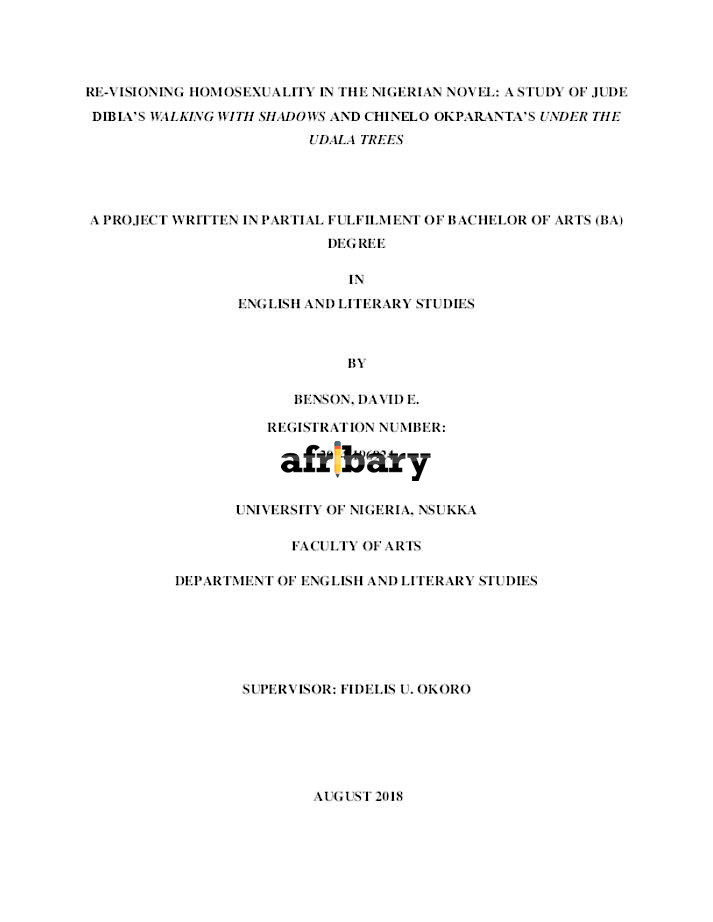 RE-VISIONING HOMOSEXUALITY IN THE NIGERIAN NOVEL: A STUDY OF JUDE DIBIA ...