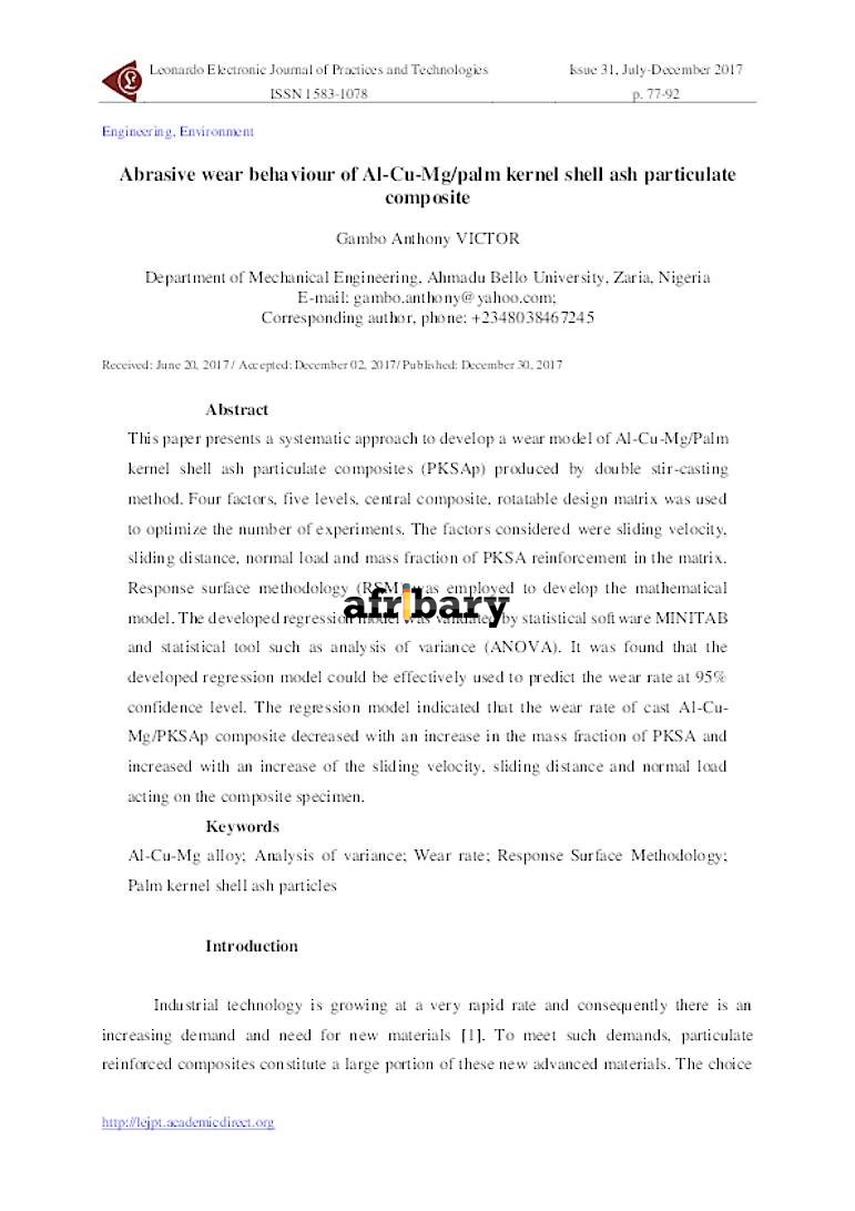 Abrasive wear behaviour of Al-Cu-Mg/palm kernel shell ash particulate ...