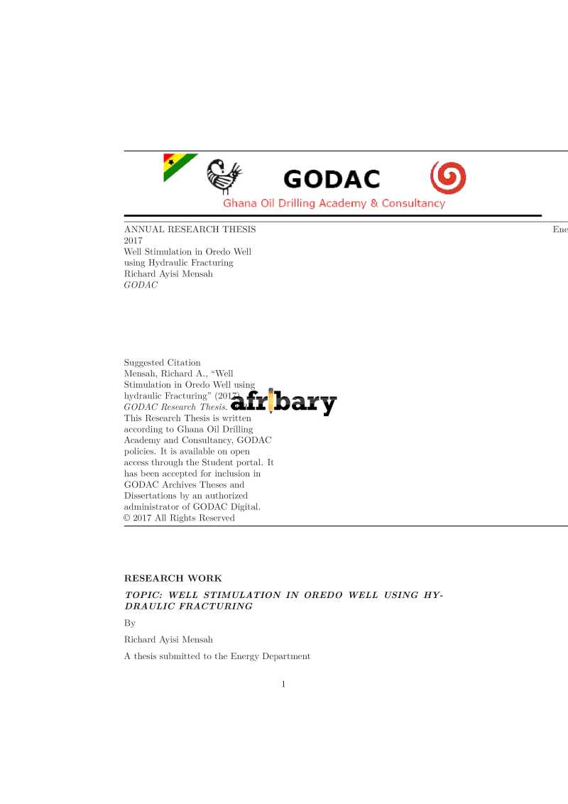 WELL STIMULATION IN OREDO WELL USING HYDRAULIC FRACTURING | Afribary