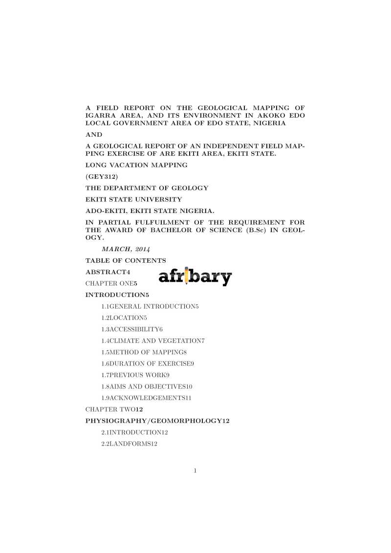 FIELD REPORT ON THE GEOLOGICAL MAPPING OF IGARRA AREA | Afribary