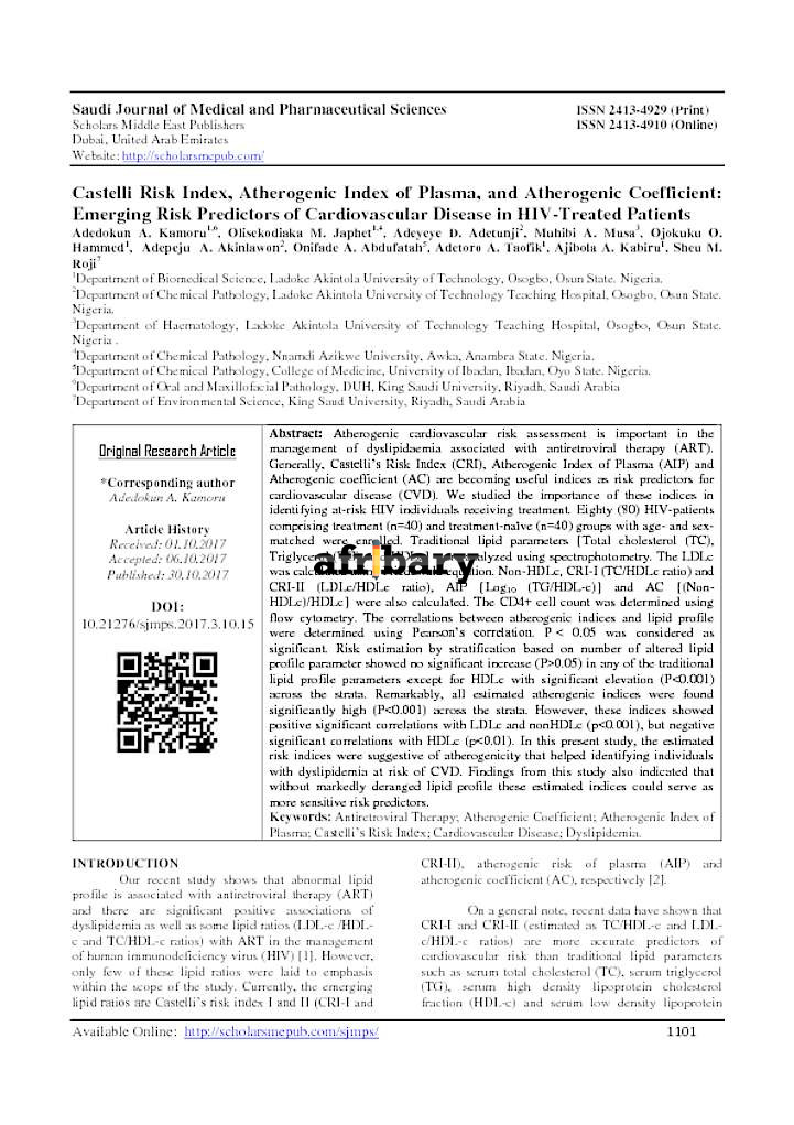 Castelli Risk Index, Atherogenic Index of Plasma, and Atherogenic ...