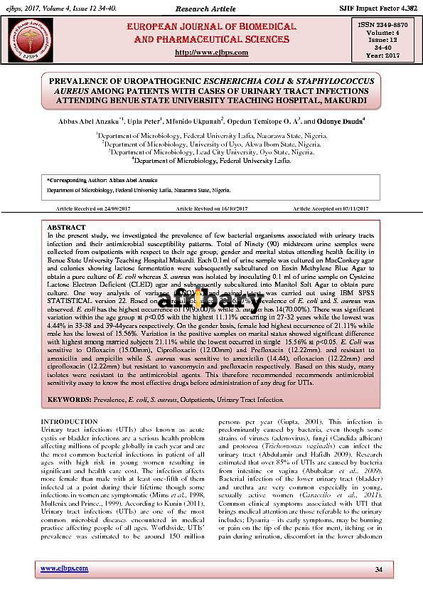 Prevalence of Uropathogenic Escherichia Coli & Staphylococcus Aureus ...