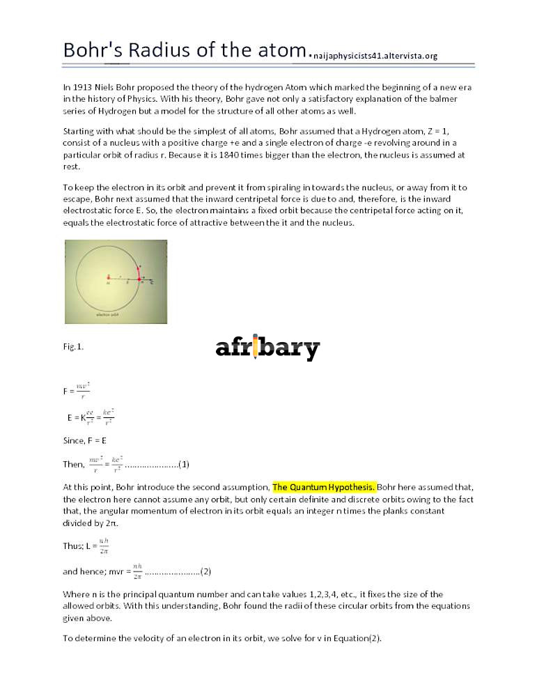 Bohrs Radius of the Atom | Afribary