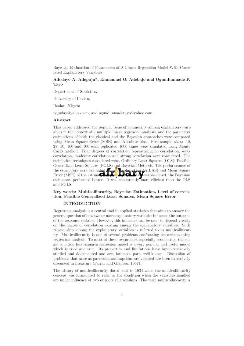 Bayesian Estimation of Parameters of A Linear Regression Model With ...