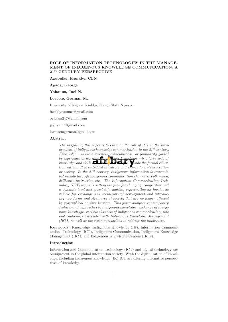 Role of Information Technologies in the Management of Indigenous ...