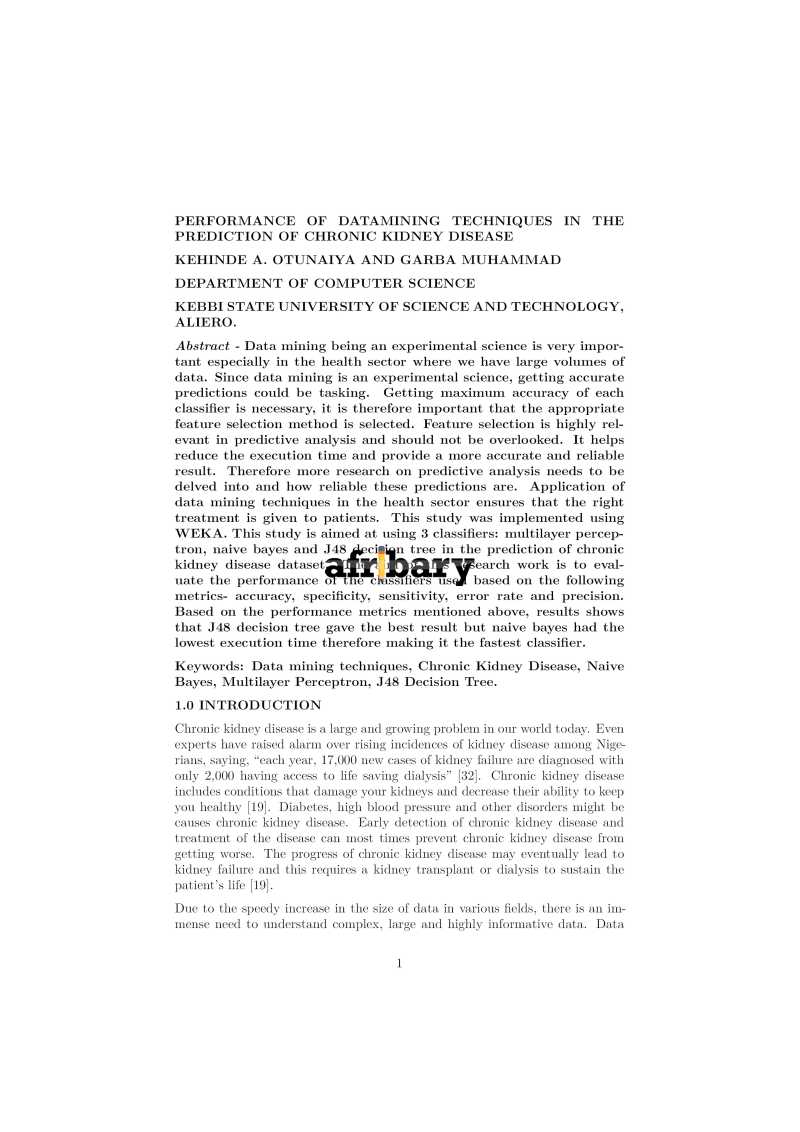 Performance Of Datamining Techniques In The Prediction Of Chronic