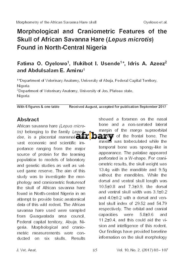 Morphological and Craniometric Features of the Skull of African Savanna ...