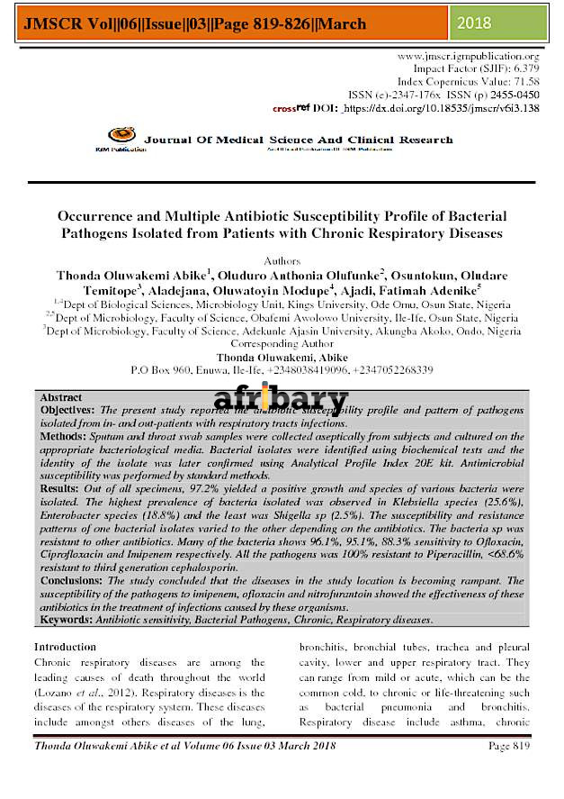 Occurrence And Multiple Antibiotic Susceptibility Profile Of Bacterial