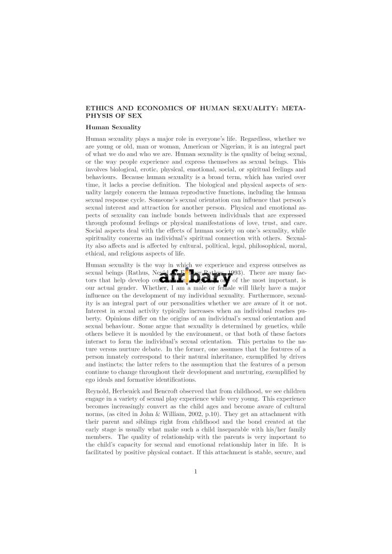 Ethics And Economics Of Human Sexuality Metaphysis Of Sex Afribary