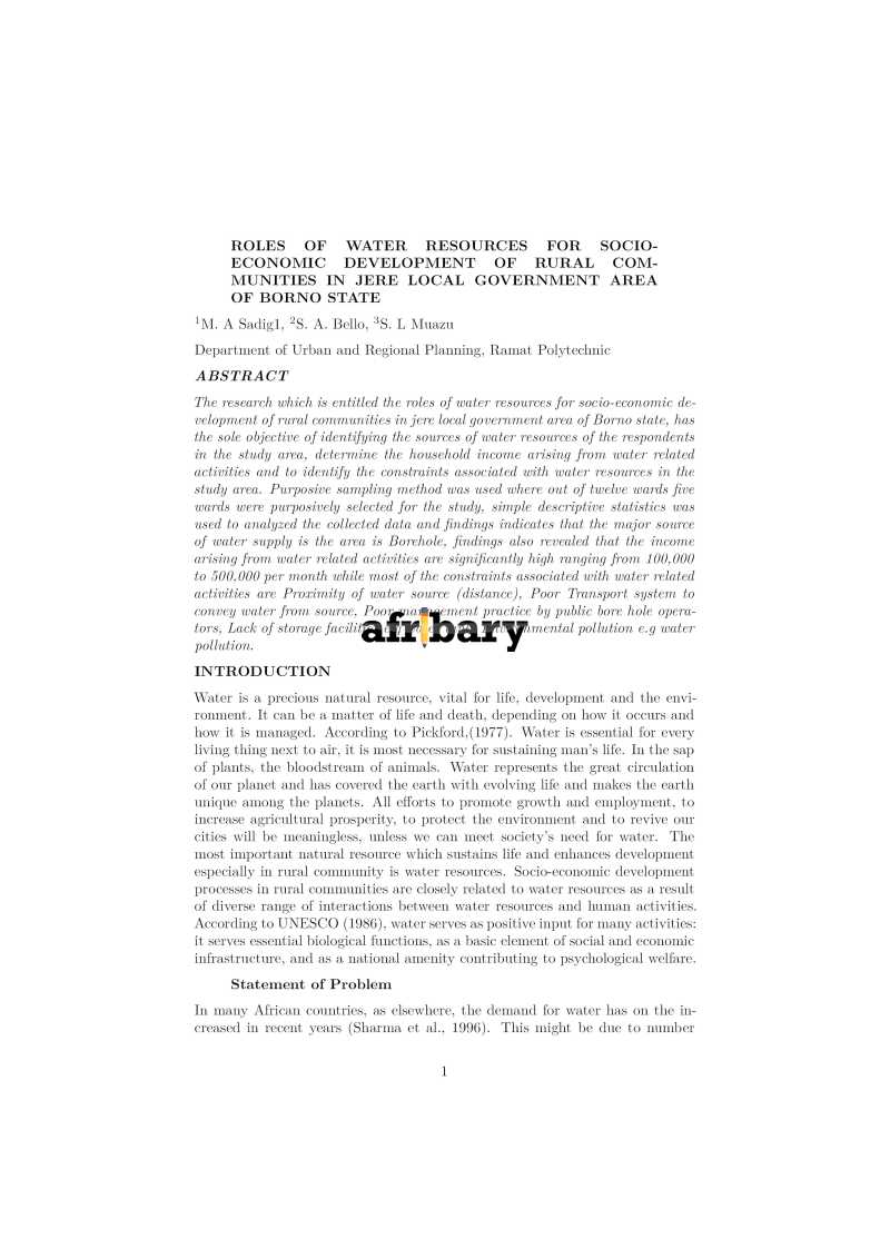 ROLES OF WATER RESOURCES FOR SOCIO-ECONOMIC DEVELOPMENT OF RURAL ...