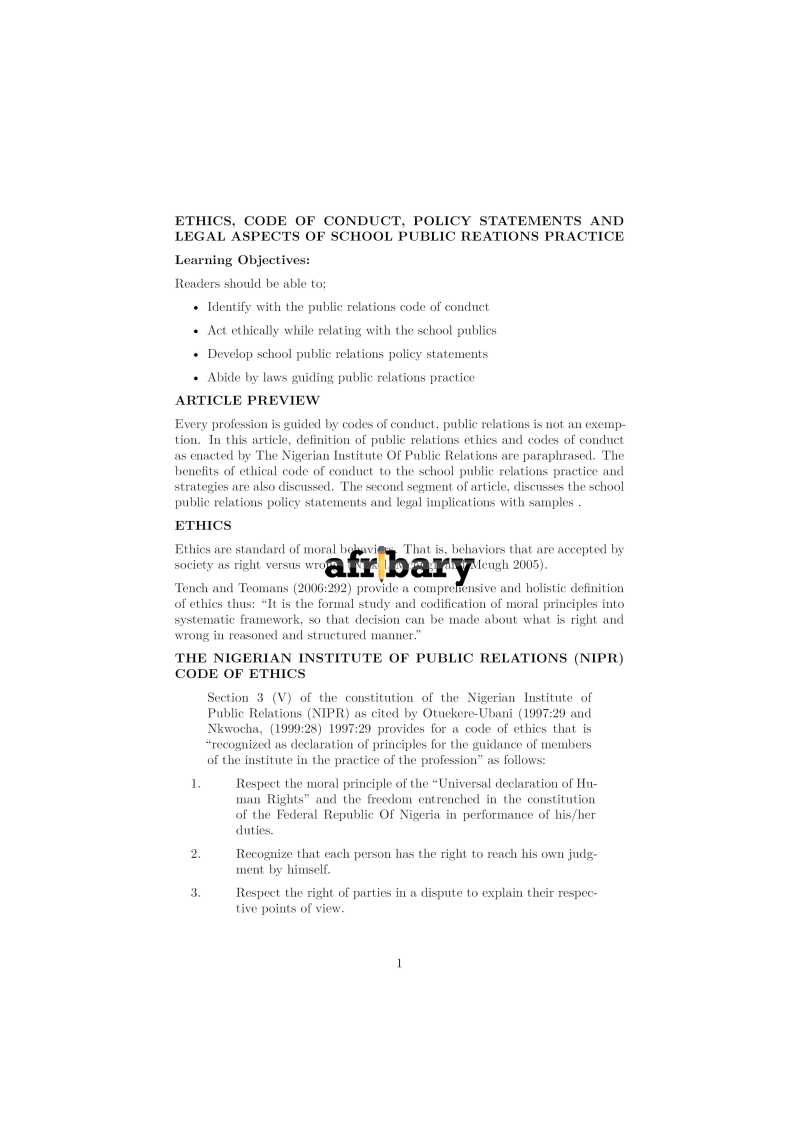 ETHICS, CODE OF CONDUCT, POLICY STATEMENTS AND LEGAL ASPECTS OF SCHOOL ...