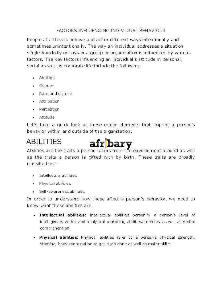 FACTORS INFLUENCING INDIVIDUAL BEHAVIOUR | Afribary