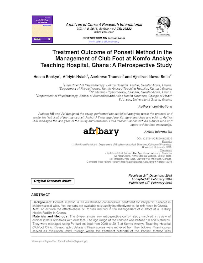 Treatment Outcome of Ponseti Method in the Management of Club Foot at ...
