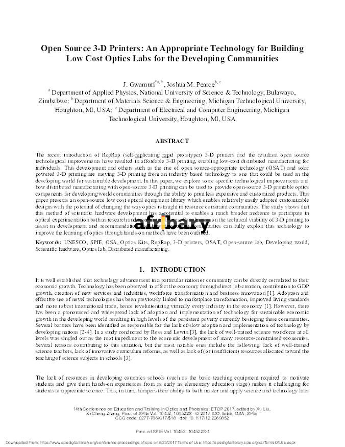 Open Source 3-D Printers: An Appropriate Technology for Building Low ...