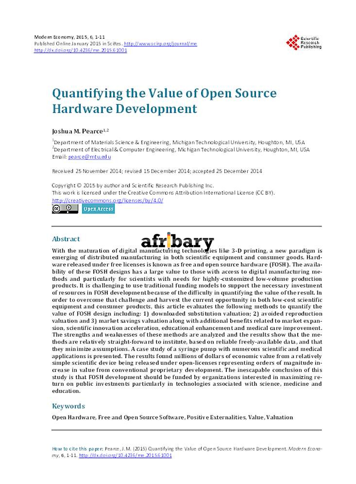 Quantifying the Value of Open Source Hard-ware Development | Afribary