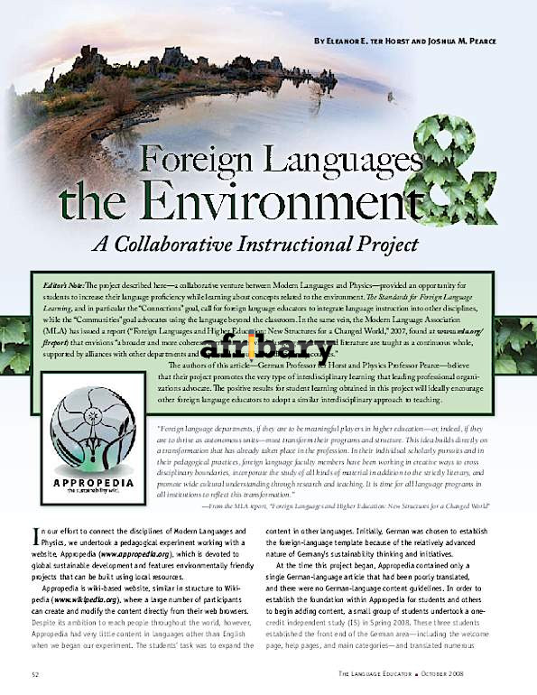 Foreign Languages and the Environment: A Collaborative Instructional ...