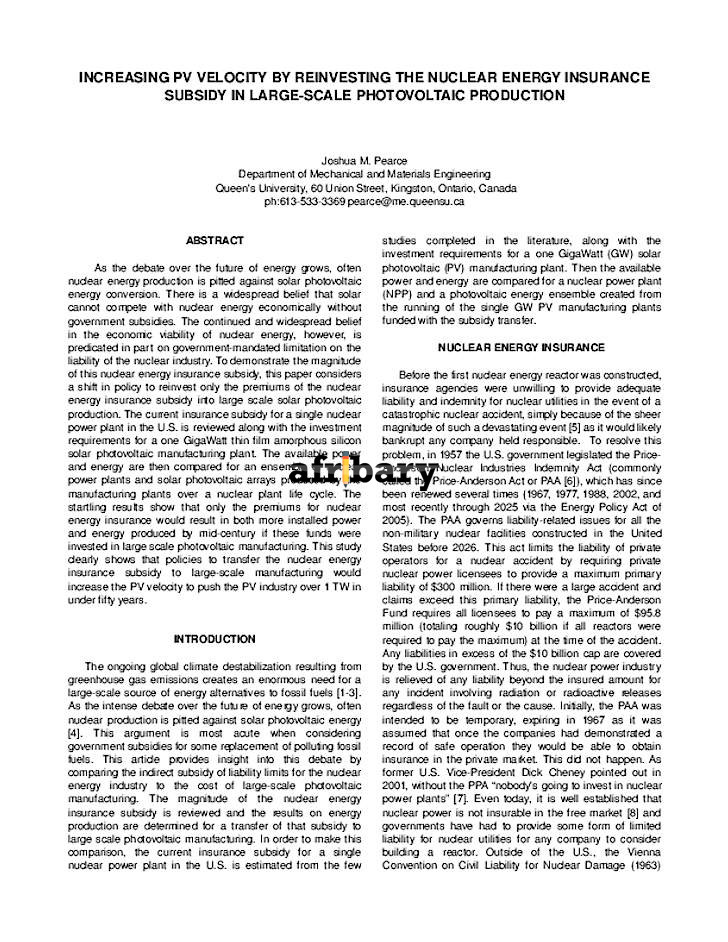 Increasing PV Velocity by Reinvesting the Nuclear Energy Insurance ...