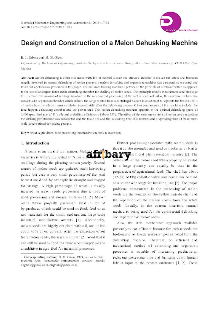 DESIGN AND CONSTRUCTION OF A MELON DEHUSKING MACHINE | Afribary
