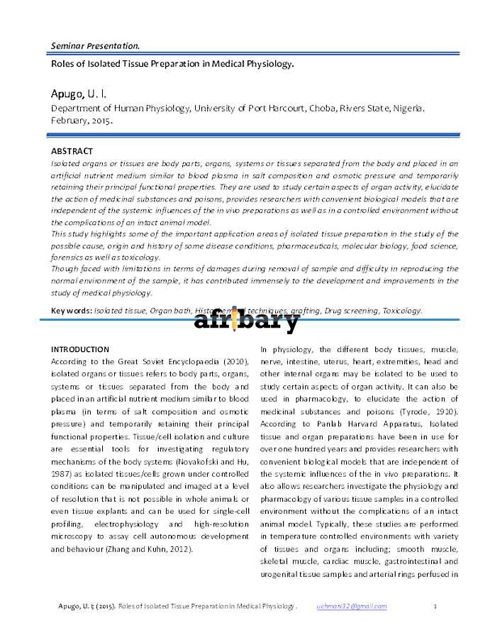 Roles of Isolated Tissue Preparation in Medical Physiology. | Afribary