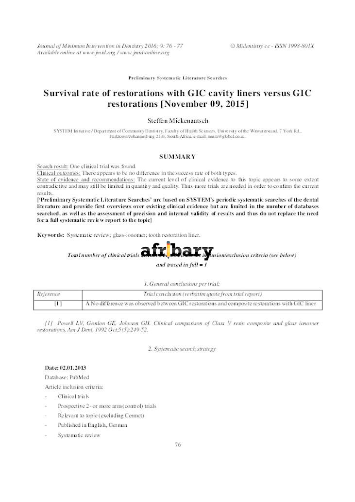 Survival Rate of Restorations with GIC Cavity Liners versus GIC ...