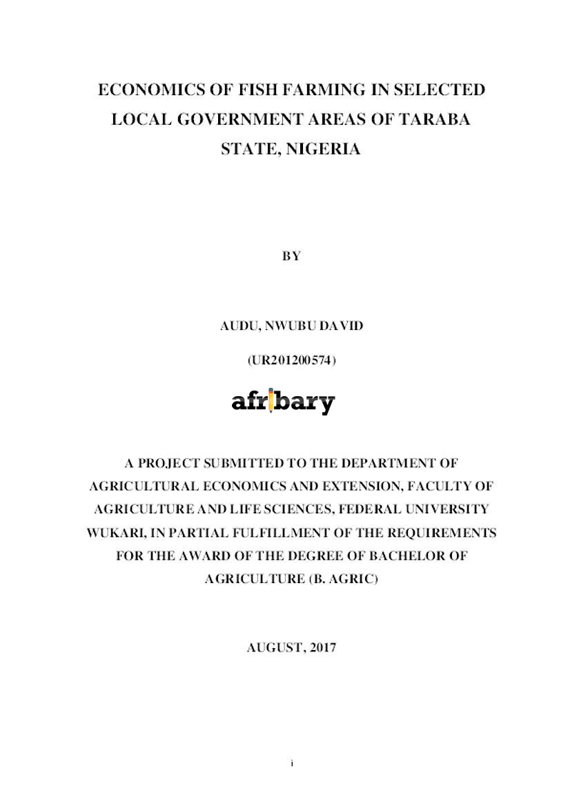 Economics of Fish Farming in Selected Local Government Areas of Taraba ...
