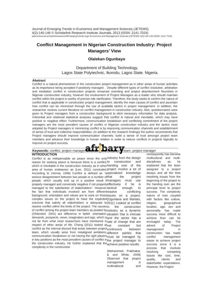 Conflict Management in Nigerian Construction Industry: Project Managers ...