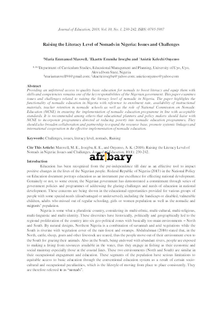 Raising the Literacy Level of Nomads in Nigeria: Issues and Challenges ...