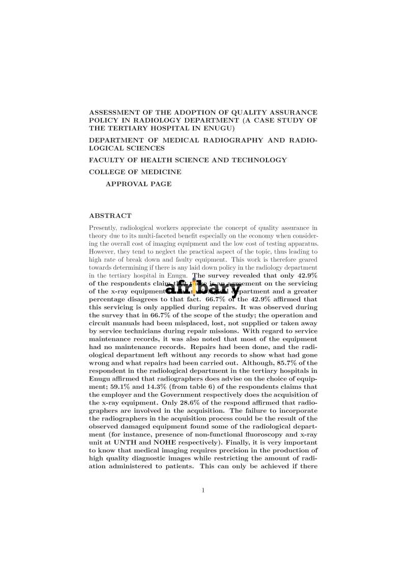 ASSESSMENT OF THE ADOPTION OF QUALITY ASSURANCE POLICY IN RADIOLOGY assessment-of-the-adoption-of-quality-assurance-policy-in-radiology