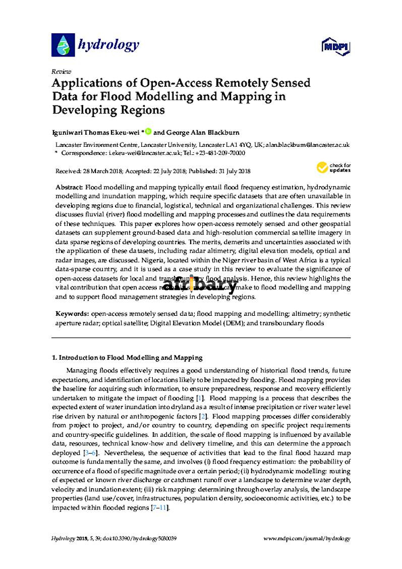 Applications of Open-Access Remotely Sensed Data for Flood Modelling and Mapping in Developing ...