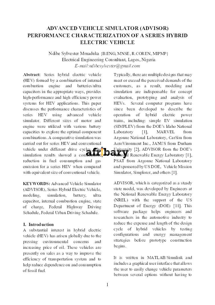 ADVANCED VEHICLE SIMULATOR (ADVISOR) PERFORMANCE CHARACTERIZATION OF A ...