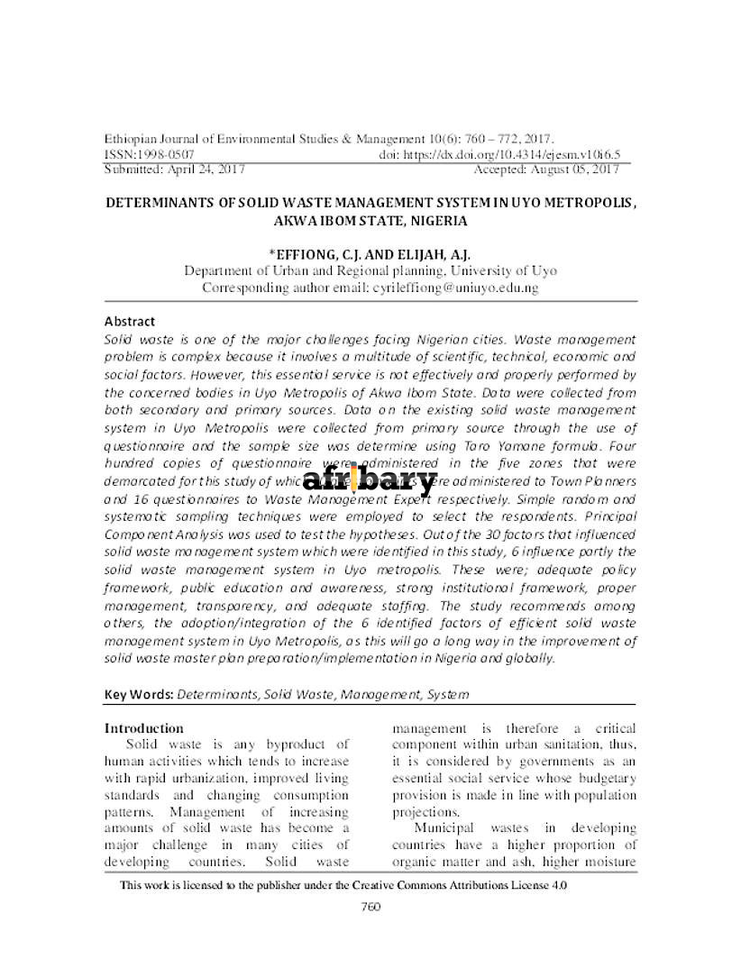Determinants of Solid Waste Management System in Uyo Metropolis, Akwa ...