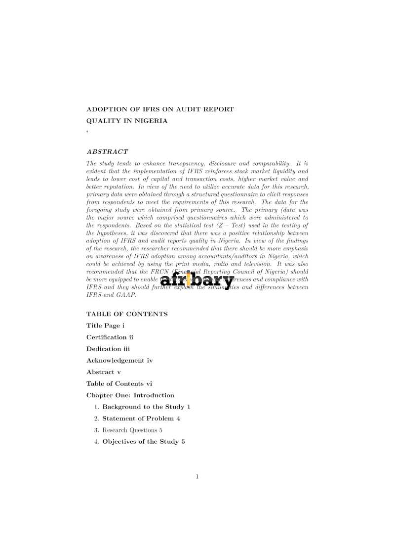 ADOPTION OF IFRS ON AUDIT REPORT QUALITY IN NIGERIA | Afribary
