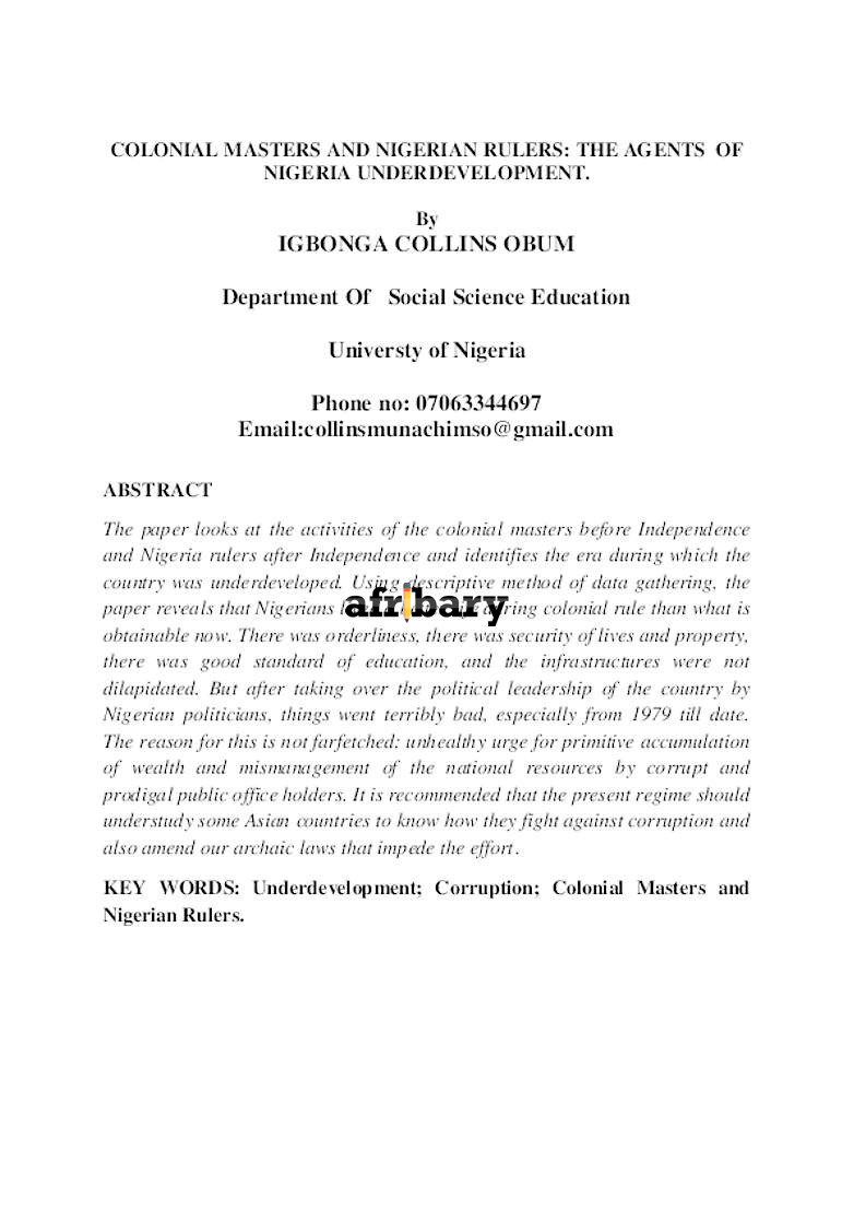 COLONIAL MASTERS AND NIGERIAN RULERS: THE AGENTS OF NIGERIA ...
