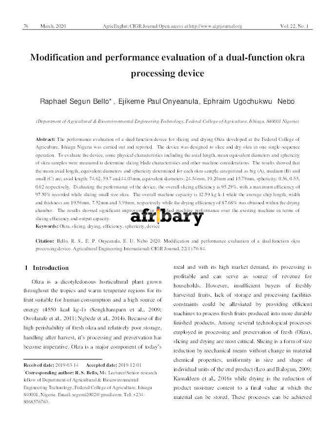 Modification and performance evaluation of a dual-function okra ...