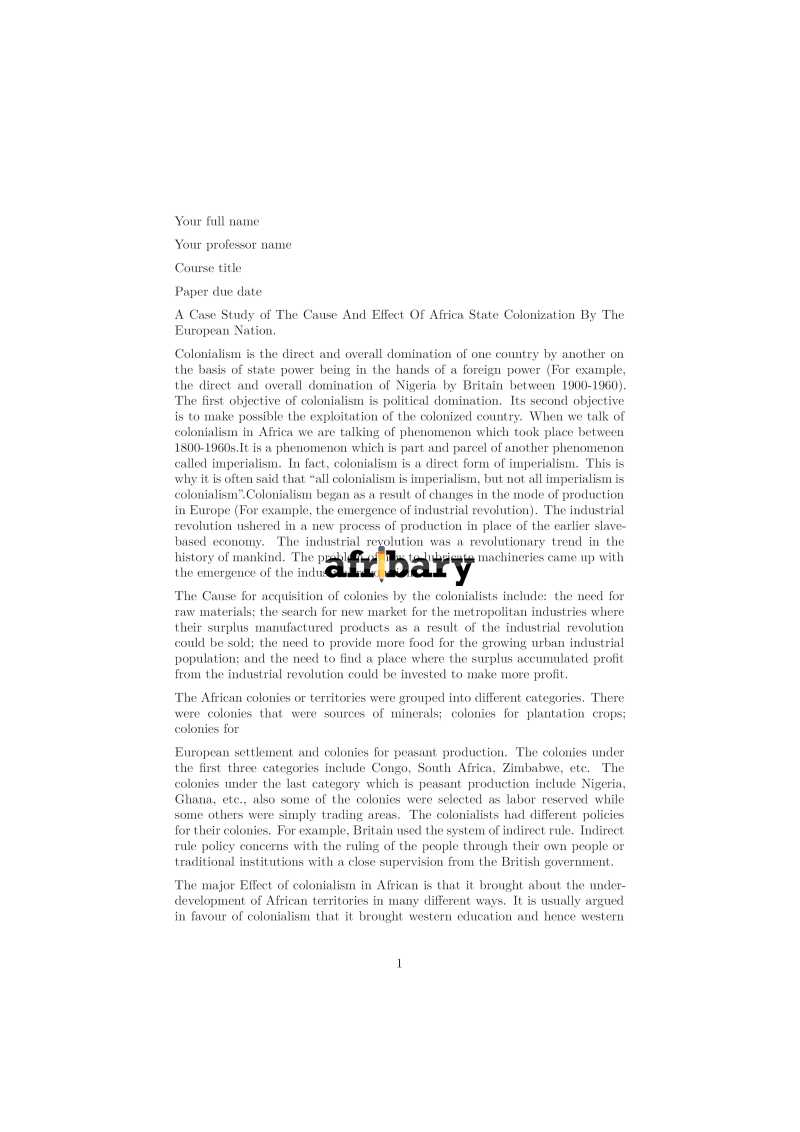 A Case Study of The Cause And Effect Of Africa State Colonization By ...