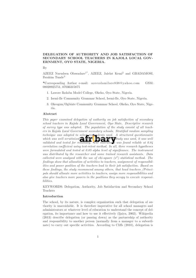 Delegation of Authority and Job Satisfaction of Secondary School ...