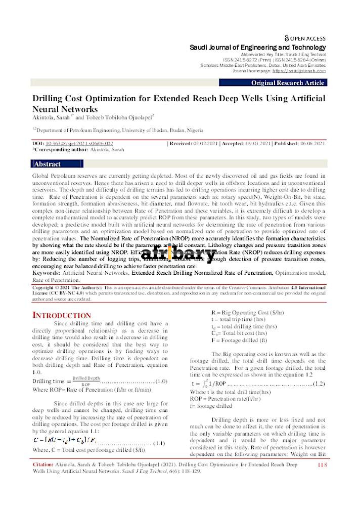 Drilling Cost Optimization for Extended Reach Deep Wells Using Artificial Neural Networks | Afribary