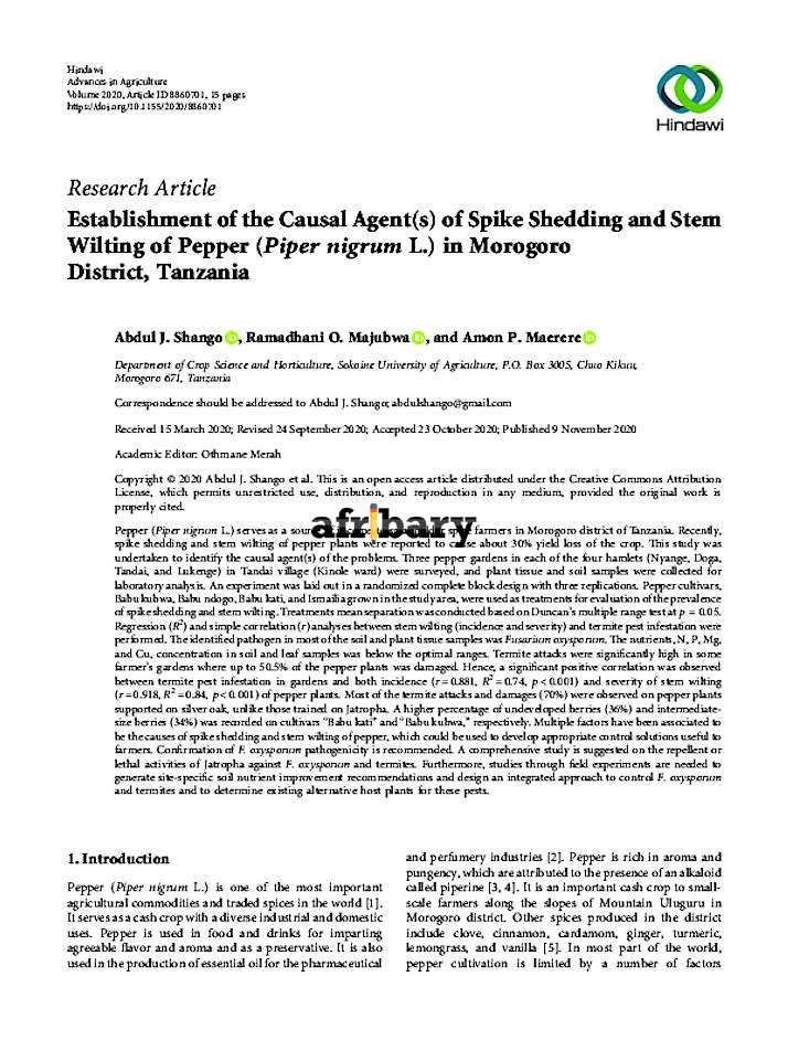 Establishment of the Causal Agent(s) of Spike Shedding and Stem Wilting ...