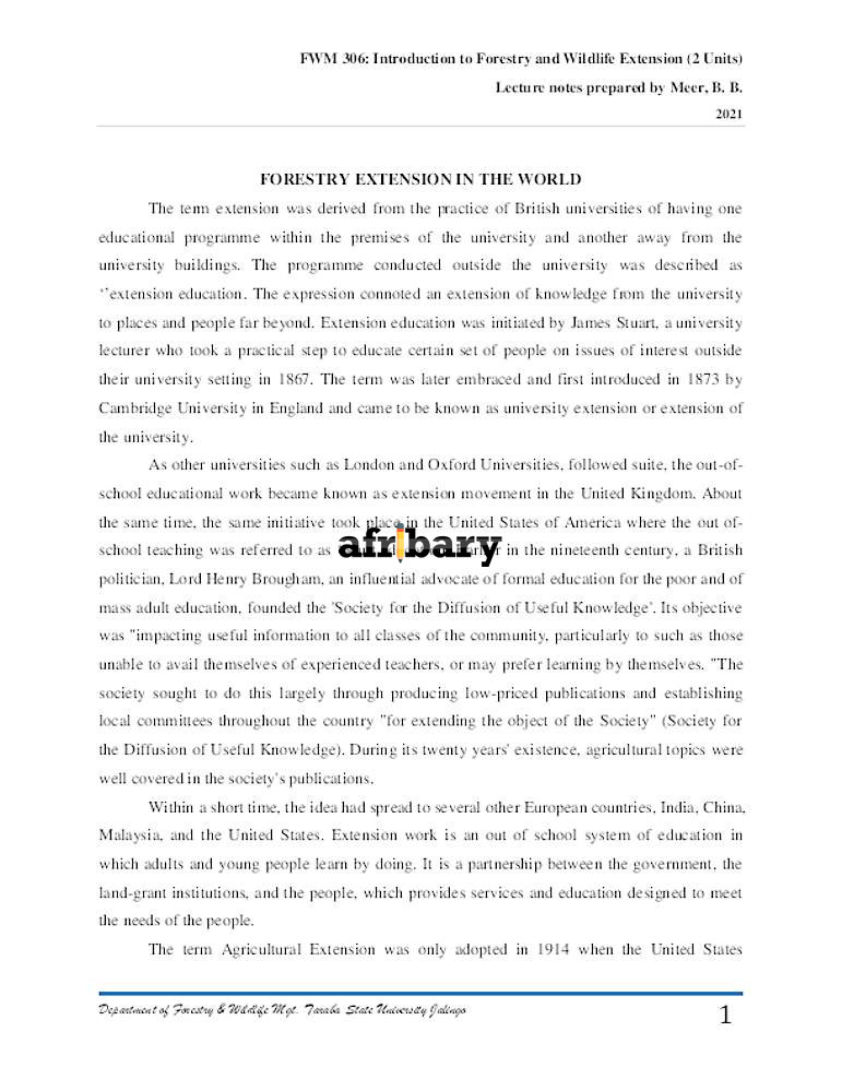 FWM 306: Introduction to Forestry and Wildlife Extension (Lecture Notes ...