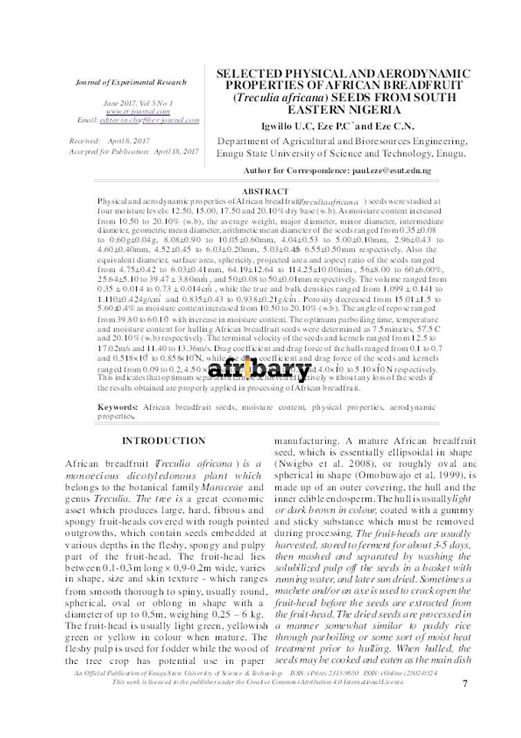 Selected Physical And Aerodynamic Properties Of African Breadfruit ...