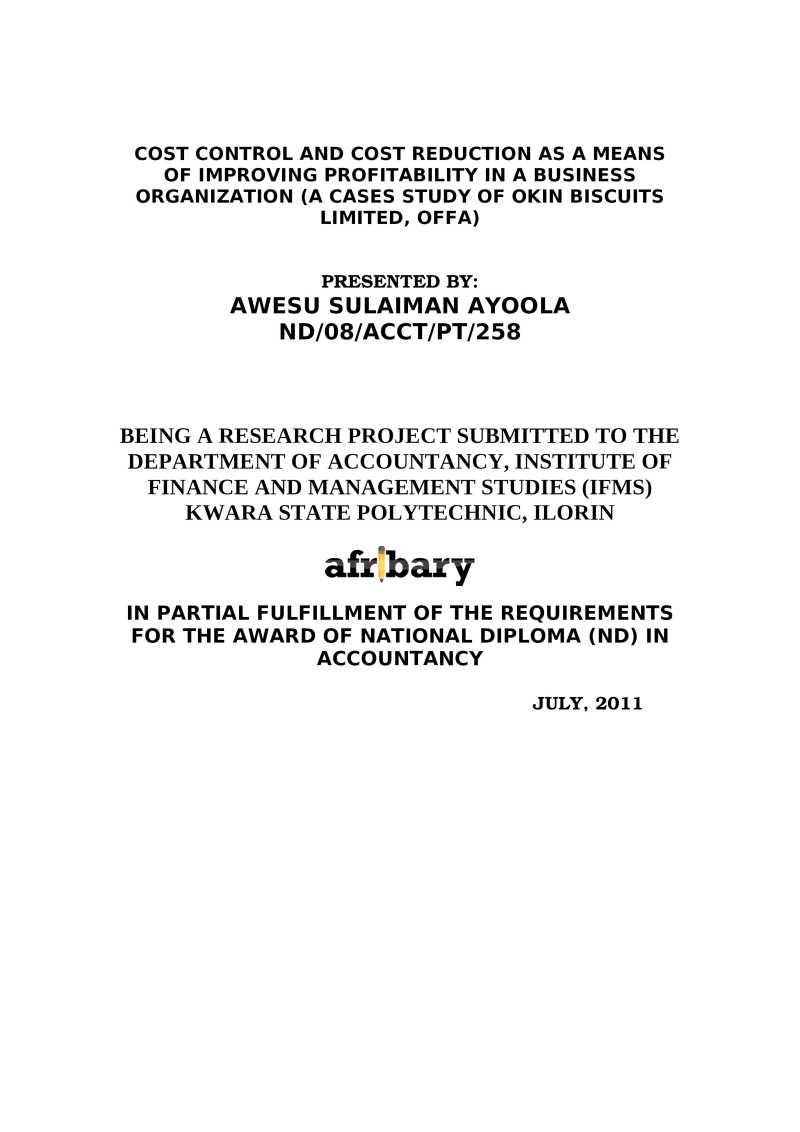 Cost Control And Cost Reduction as a Means of Improving Profitability ...