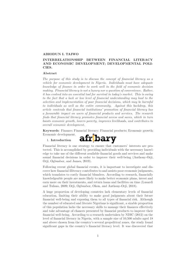 Financial Literacy and Economic Development | Afribary