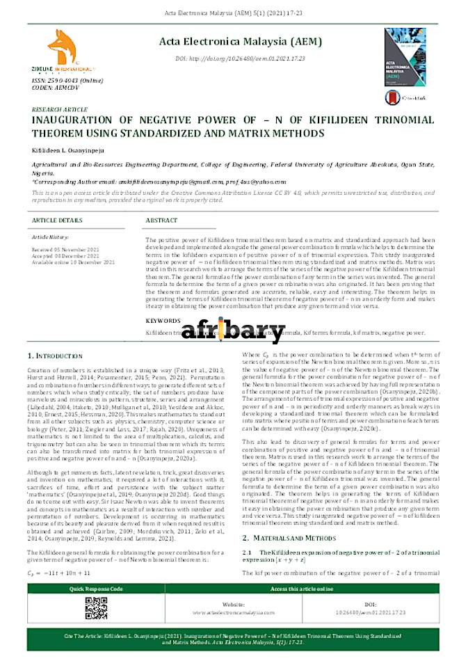 Inauguration Of Negative Power Of N Of Kfilideen Trinomial Theorem Using Standardised And 