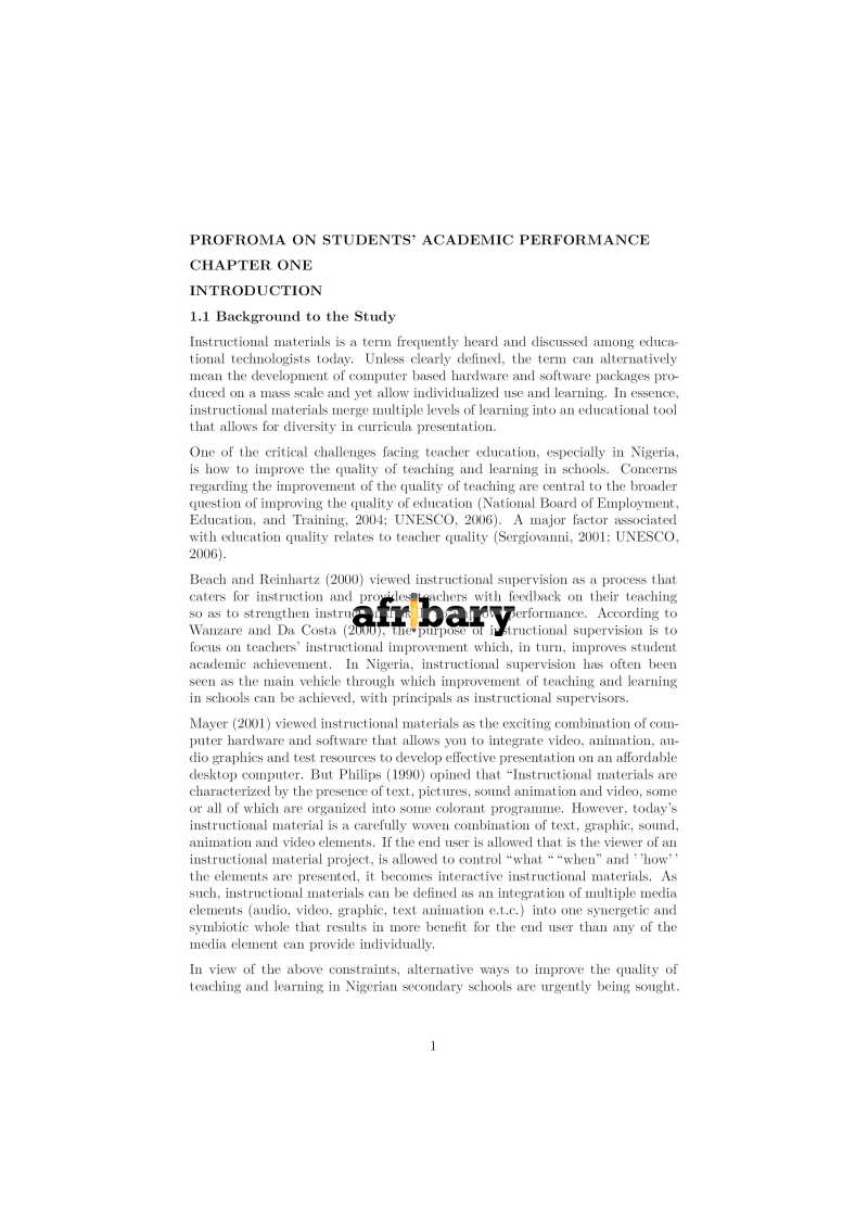 Proforma on Student's Academic Performance | Afribary
