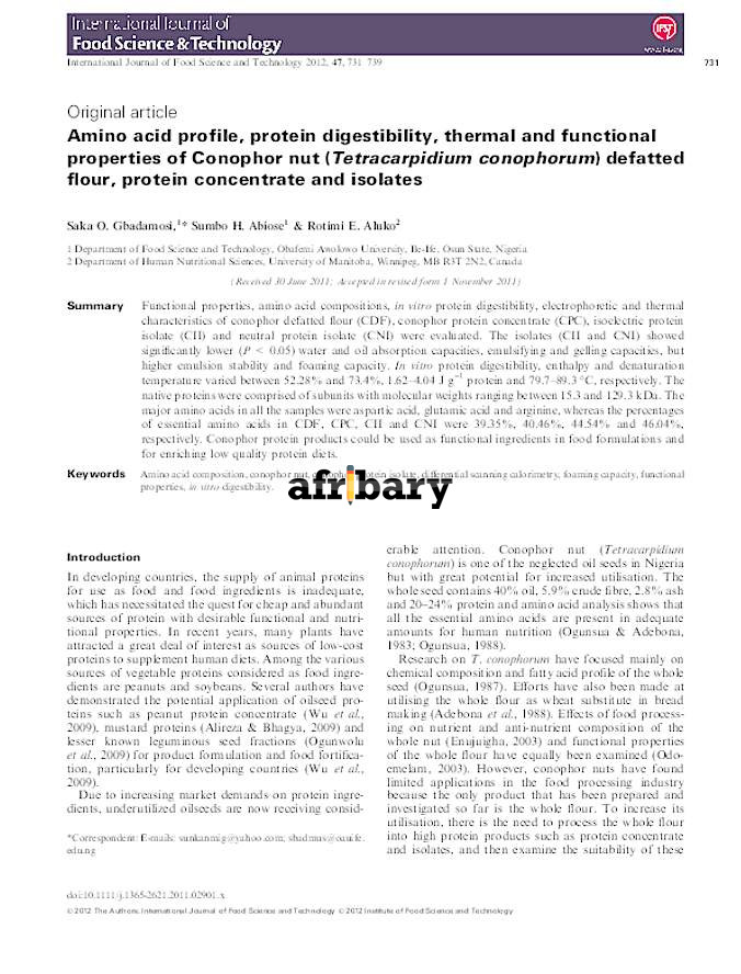 Amino acid profile, protein digestibility, thermal and functional ...